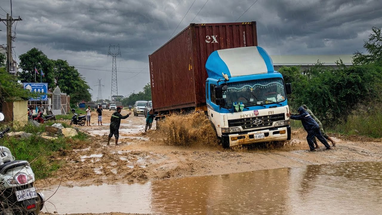 Hyundai Container Truck Stuck in Deep Mud | Dangerous Road Conditions ...