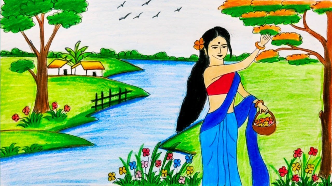 How To Draw A Flower Garden Scenery Step By Step// Beautiful Scenery ...