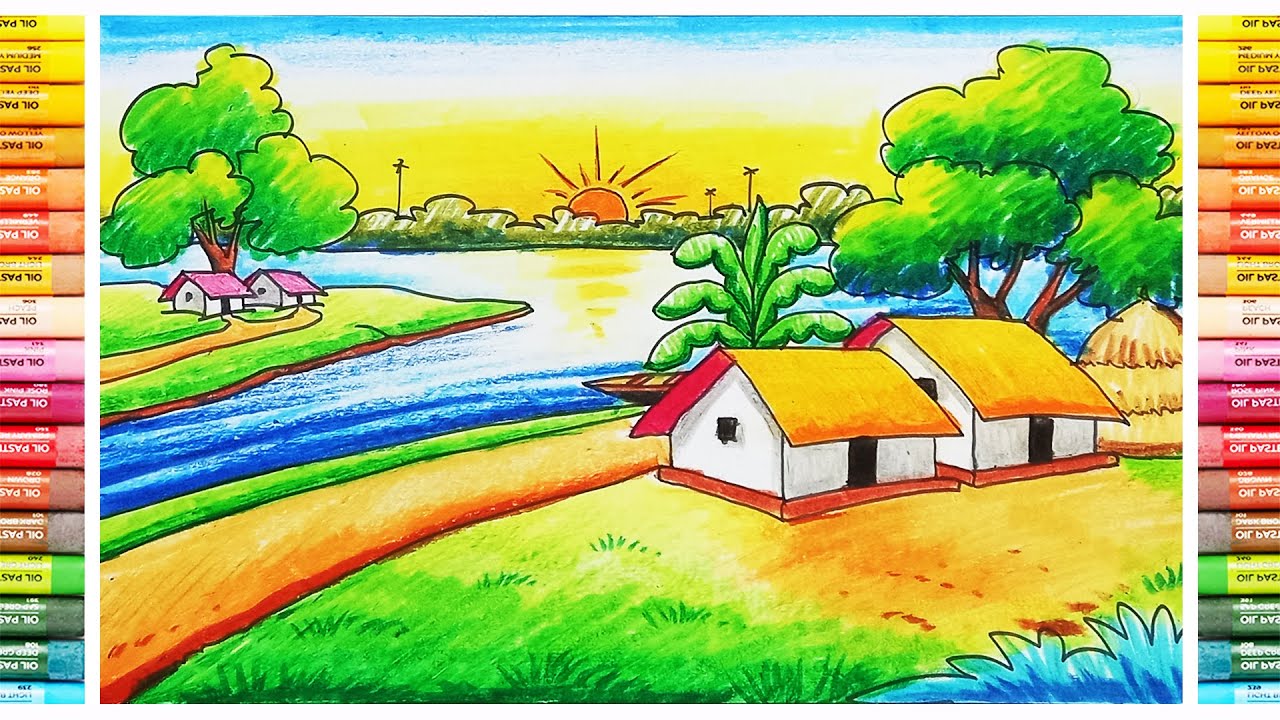 Riverside Village Scenery Drawing _ How To Draw A Natural Sunrise ...