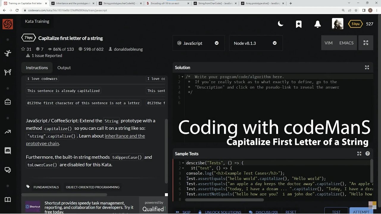 Codewars 7 Kyu Capitalize First Letter Of A String Javascript Youtube