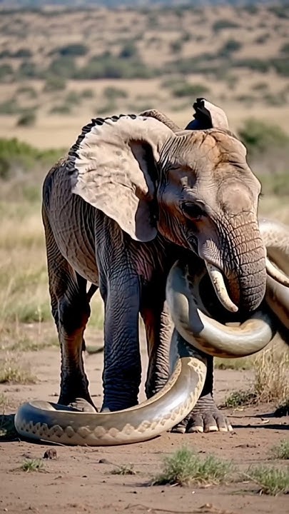 Rare image of an elephant confronting a giant python on the steppe # ...
