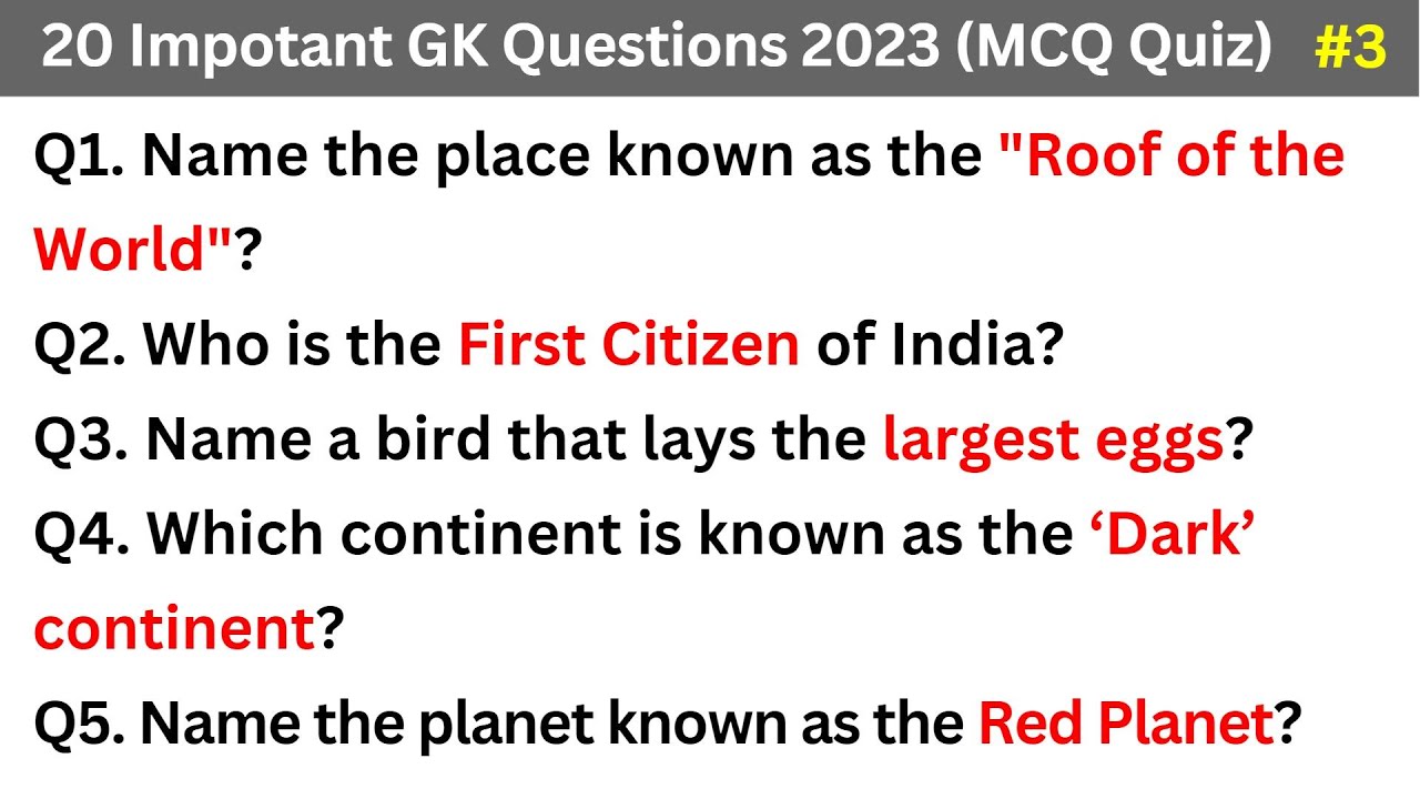 20 Important GK Questions with answers (Part 3) (MCQ Quiz) 2023 ...