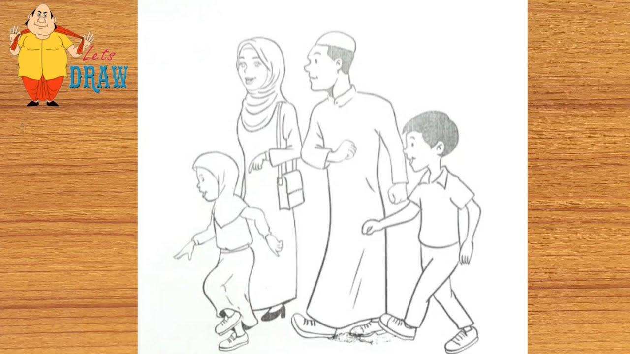 How to draw a happy muslim family drawing - YouTube