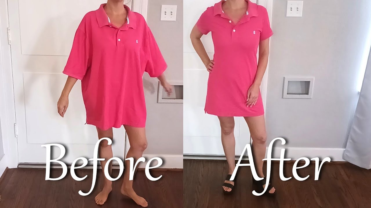How to turn a large polo shirt into a fitted dress - YouTube