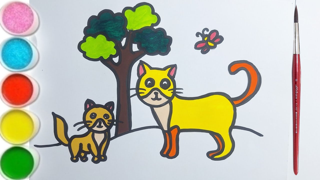 Cat and Kitten Drawing , Painting Coloring for kids and Toddlers|Easy ...