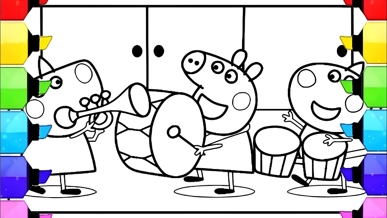 Peppa Pig and her Friends Playing Drum Drawing Easy, Peppa Pig Drawing ...