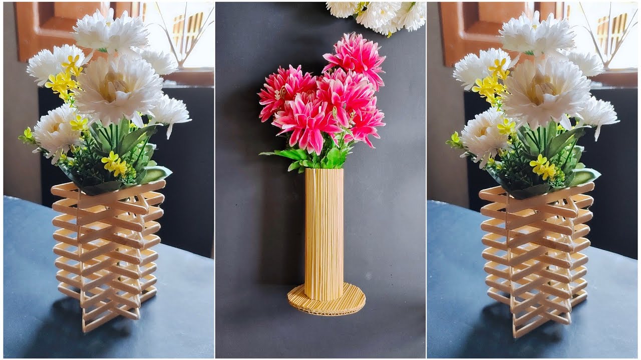 How To Make Flower Vase Or Icecream Stick And Paddy Leaf | DIY Home ...