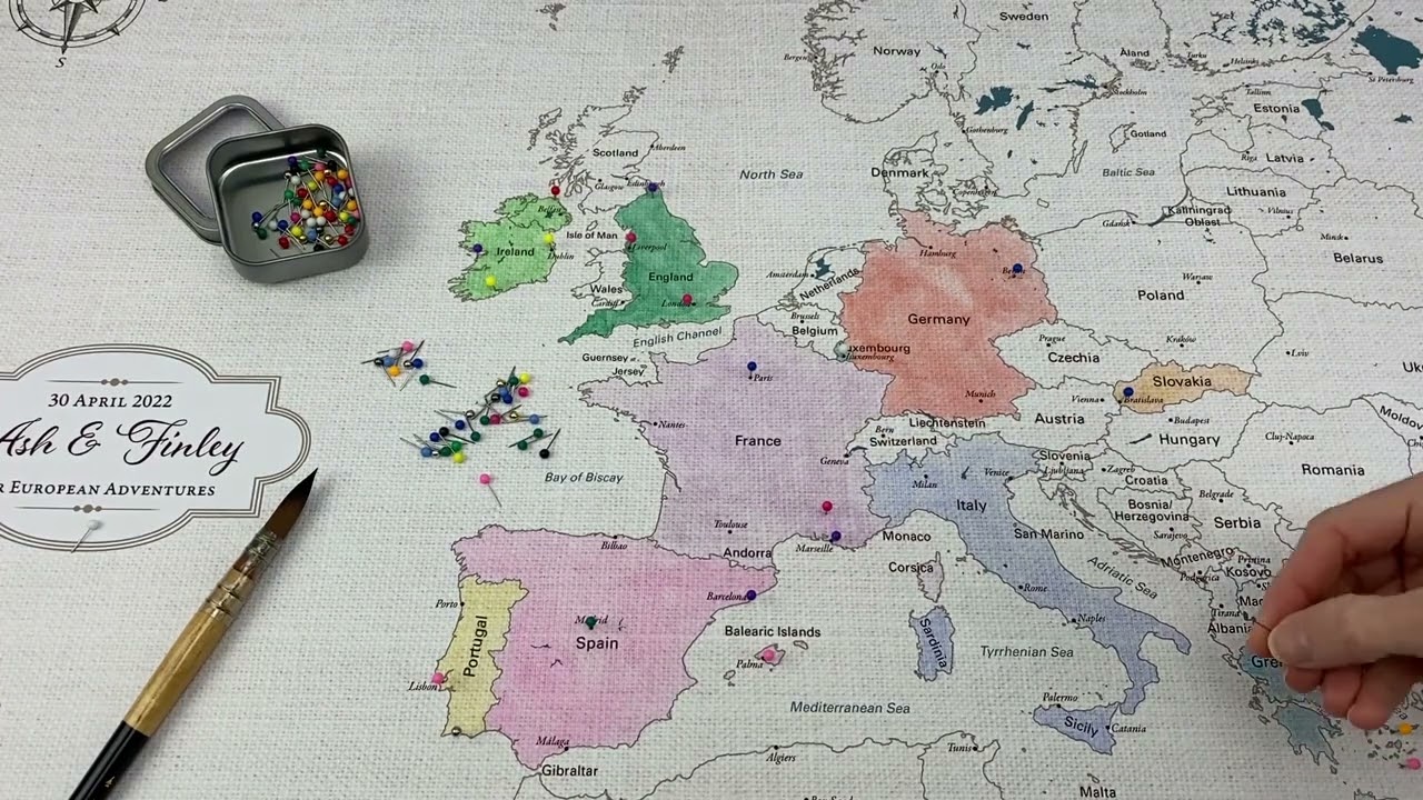 Map of Europe Watercolor push pin travel map on cotton canvas
