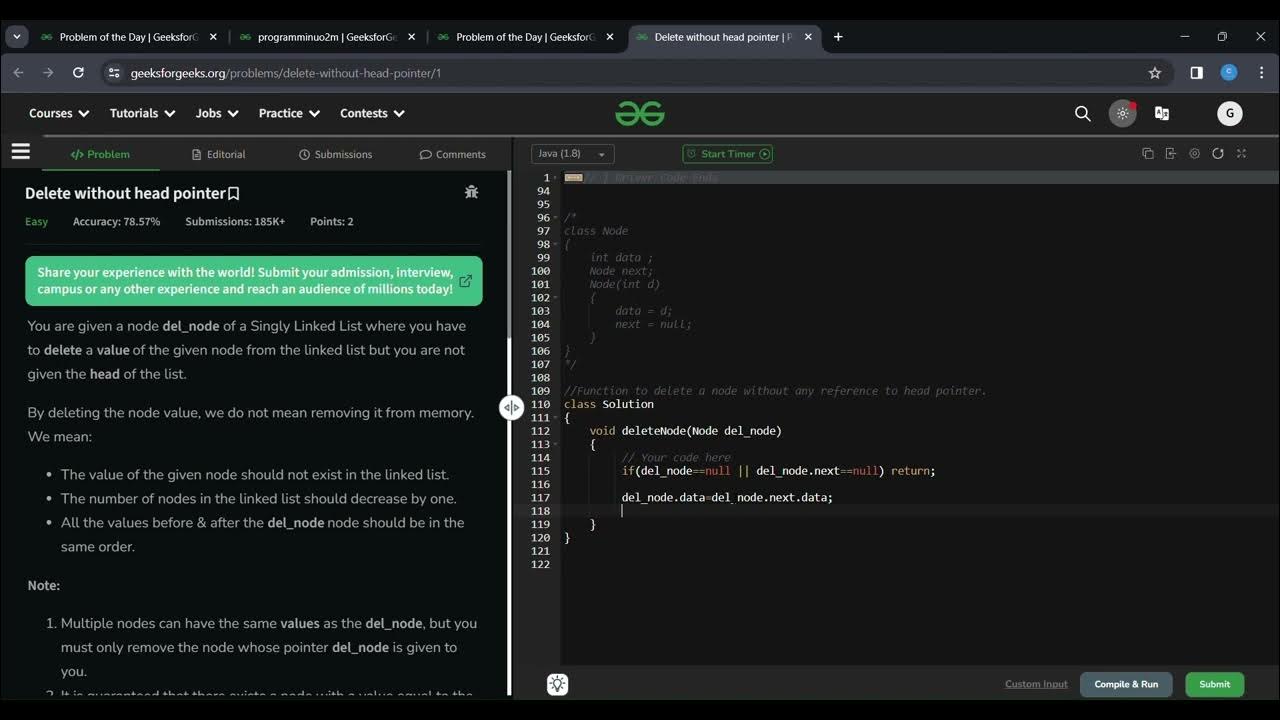 Delete without head pointer | 16-03-2024 | GFG | POTD | JAVA | GeeksforGeeks - YouTube