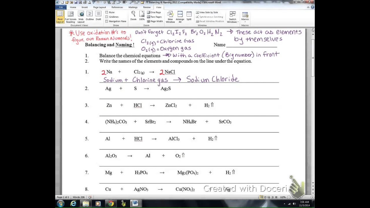 Balancing and naming chemical equations notes intro - YouTube