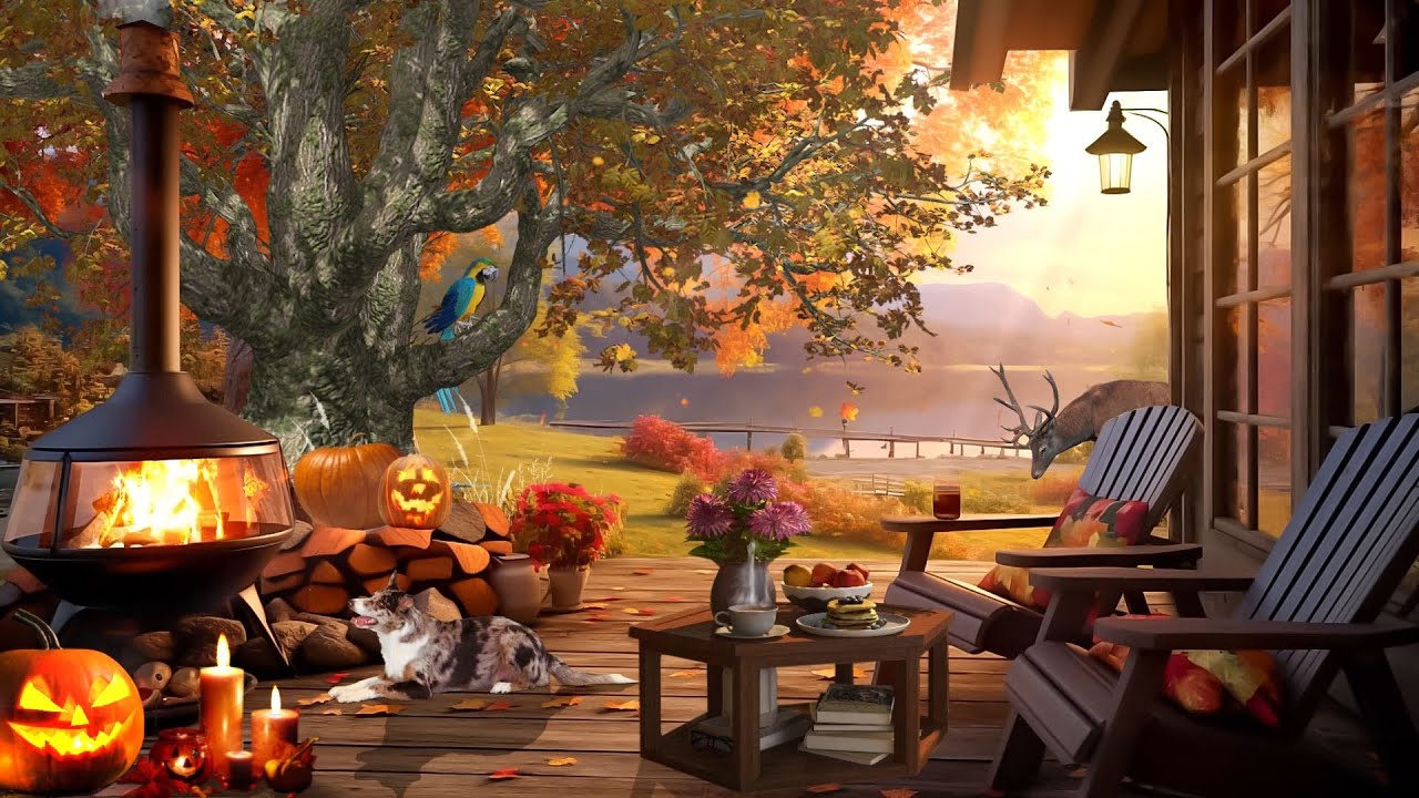Autumn Cozy Ambience on Terrace with Campfire, Falling Leaves and ...