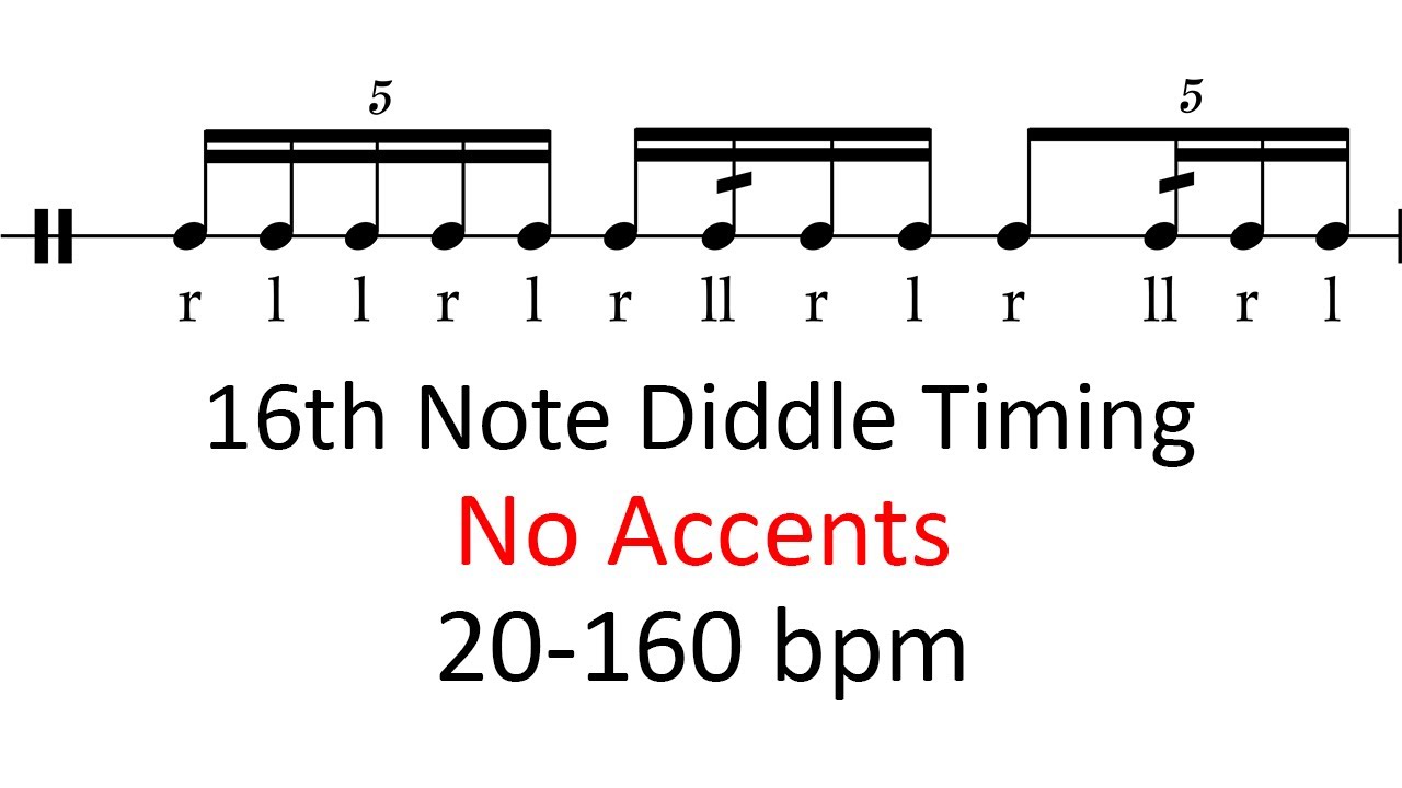 16th note diddle timing (no accents) | 20-160 bpm sheet music - YouTube