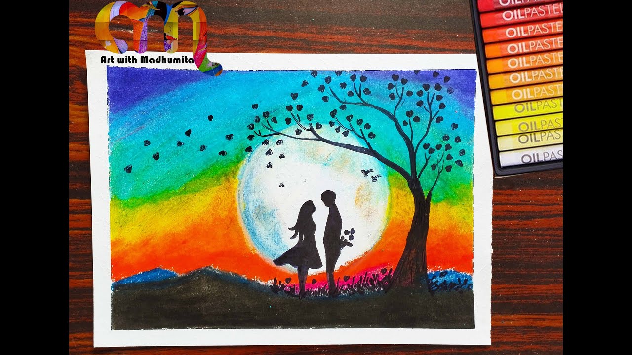 How To Draw Romantic Couple under Love Tree | Couple Moonlight Scenery ...