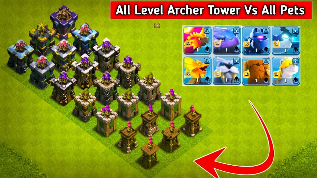All Pets Vs All Level Archer Tower In COC | clash of clans - YouTube