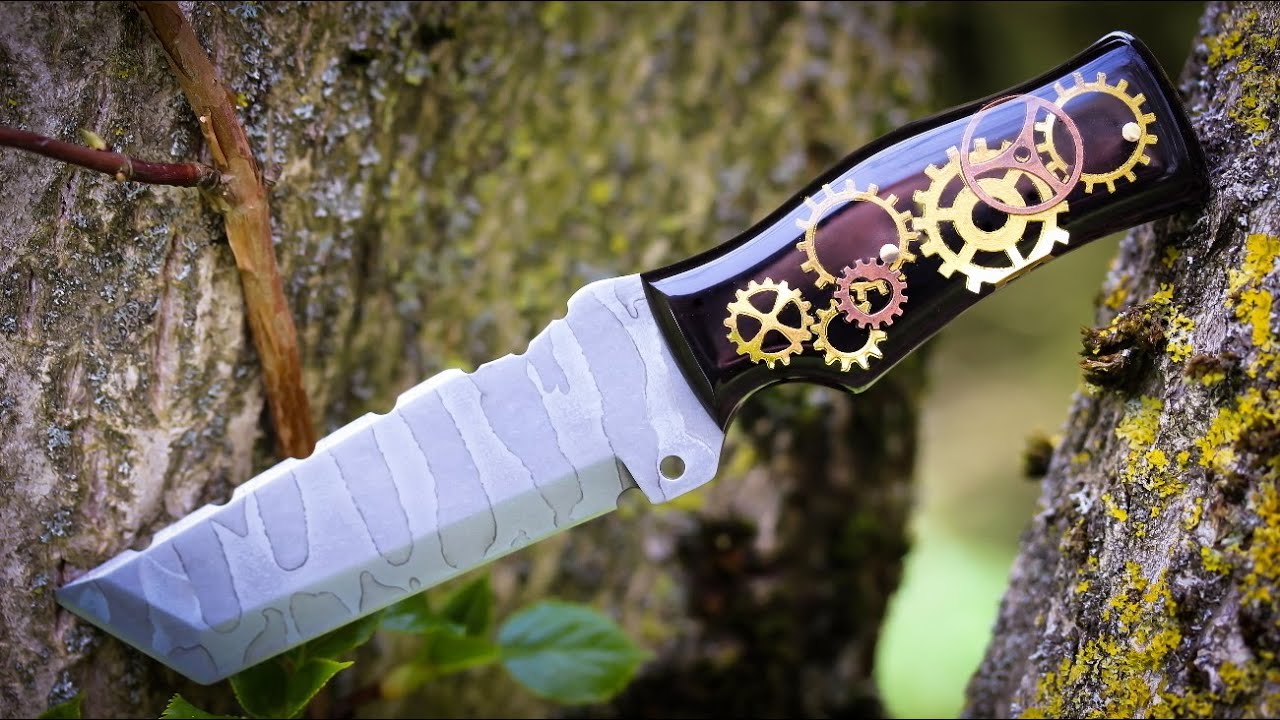 Making a stone washed Tanto knife. Mustard patina. Epoxy resin handle ...