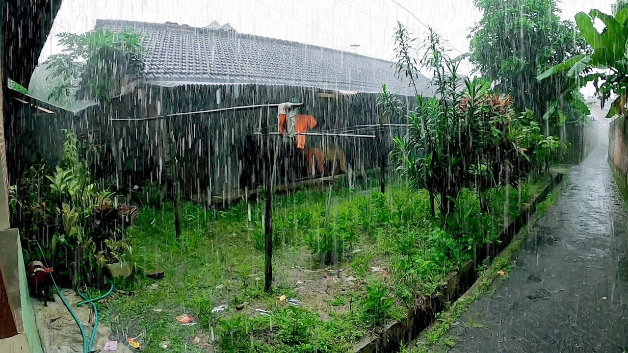 super heavy rain on the way up to hill || village atmosphere on a rainy ...