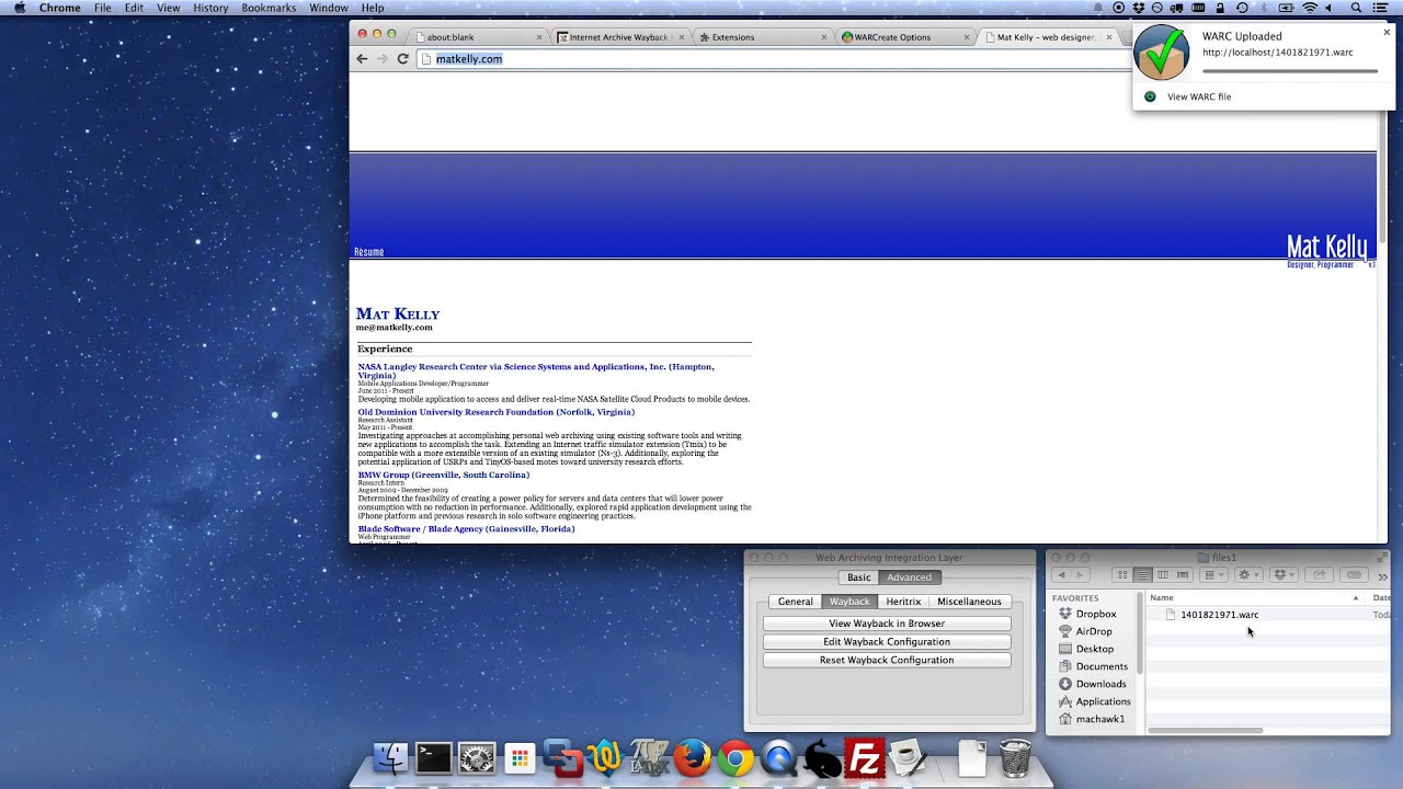 WARCreate WARC uploading feature using Wayback and WAIL - YouTube
