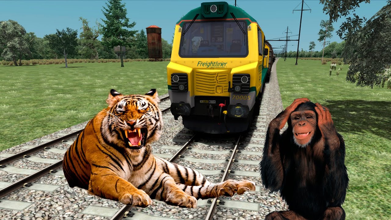 Tiger & Monkey on track vs Train | Stops the train |Train Simulator ...