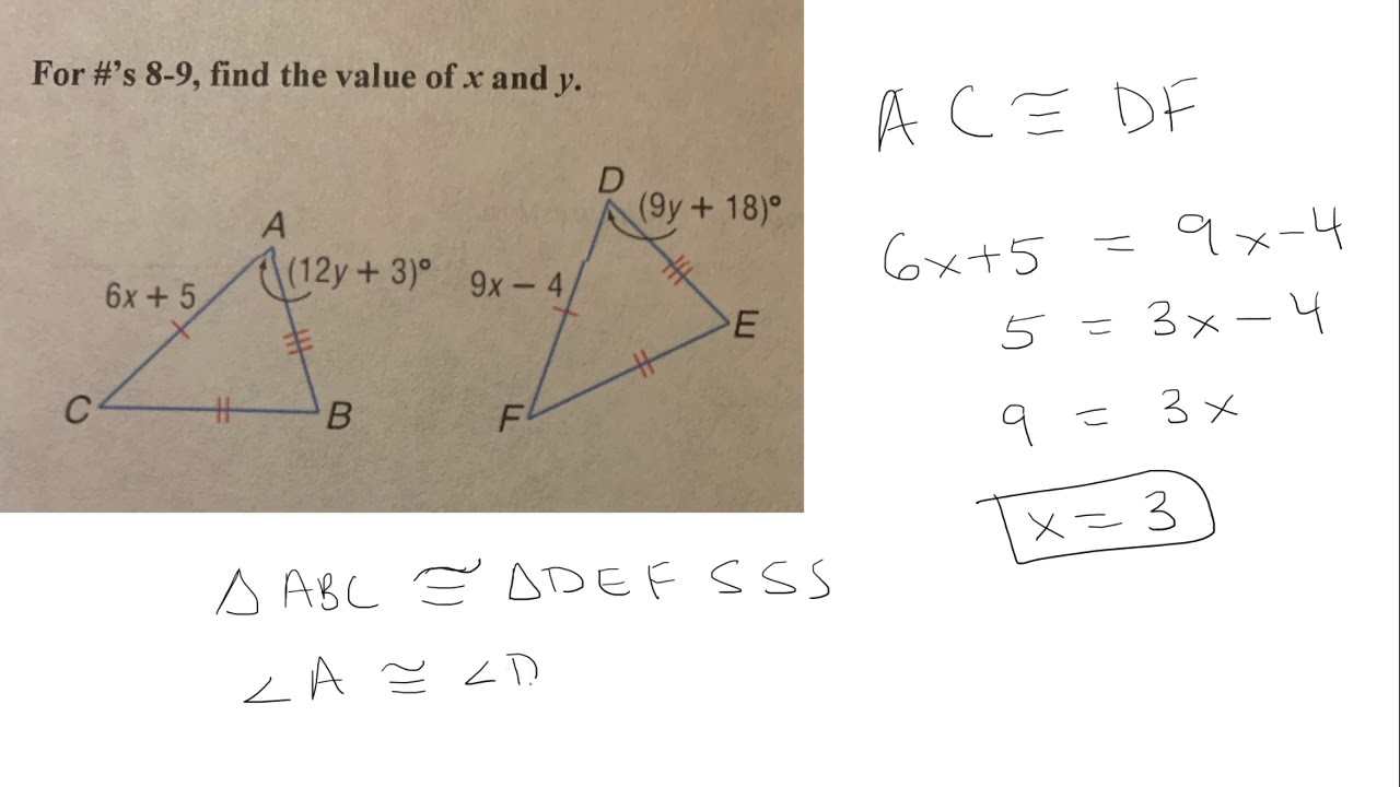 Finding x and y for congruent triangles - YouTube