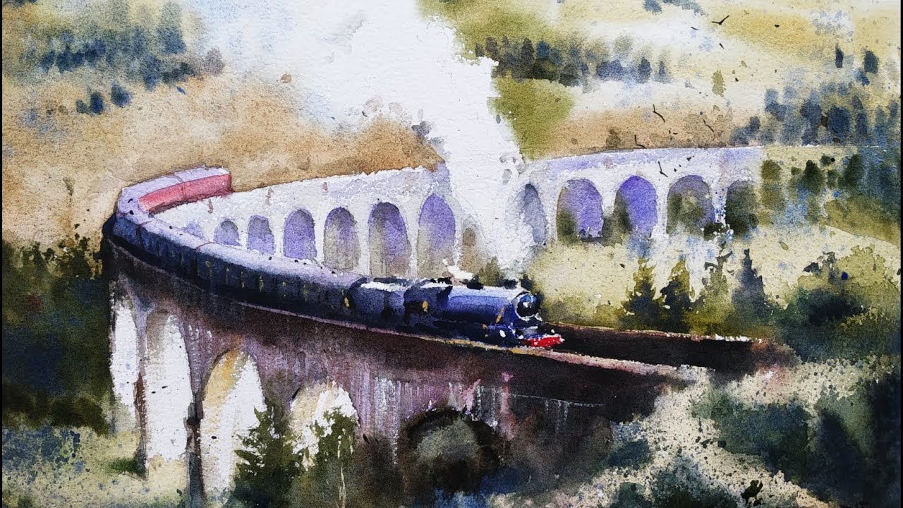 Watercolor Tutorial: Landscape with Steam Train on Viaduct. - YouTube