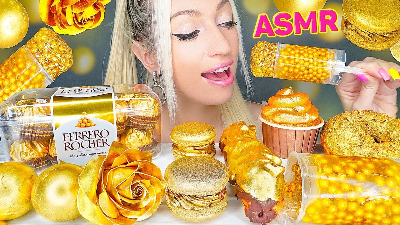 ASMR EATING GOLD FOOD, CHOCOLATE, HONEY JELLY, CAKE, MACAROONS, 컬러 먹방 ...