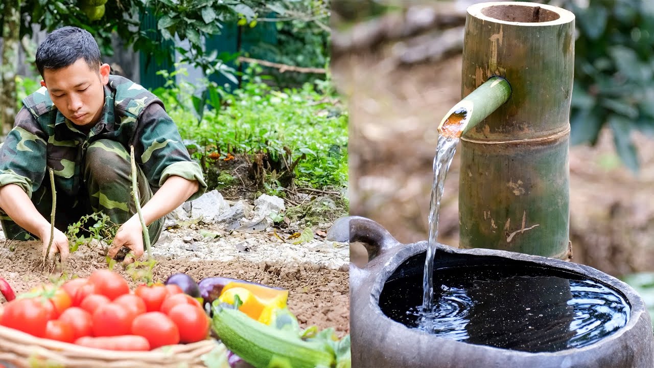 Innovating Bamboo Water Column & Planting Vegetables at Water Drain ...