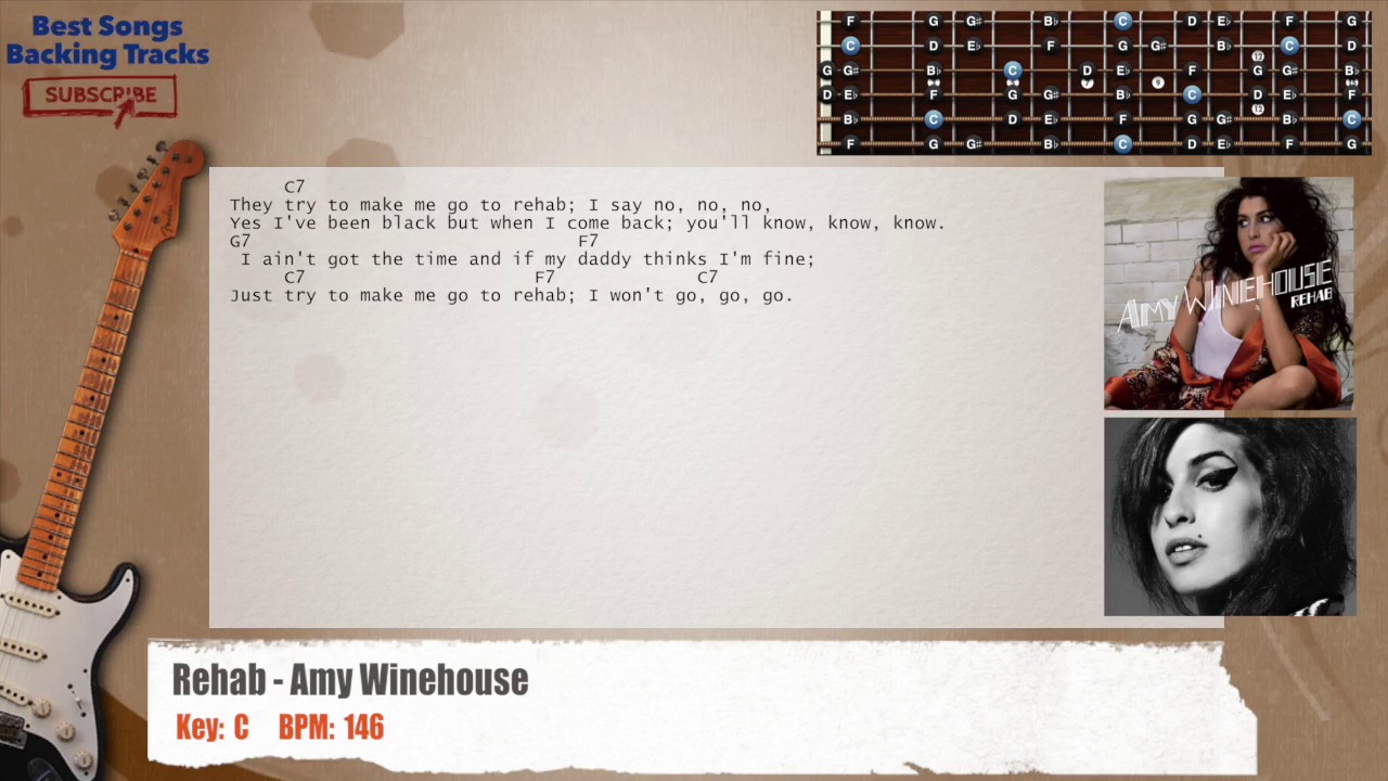 🎸 Rehab - Amy Winehouse Guitar Backing Track with chords and lyrics ...
