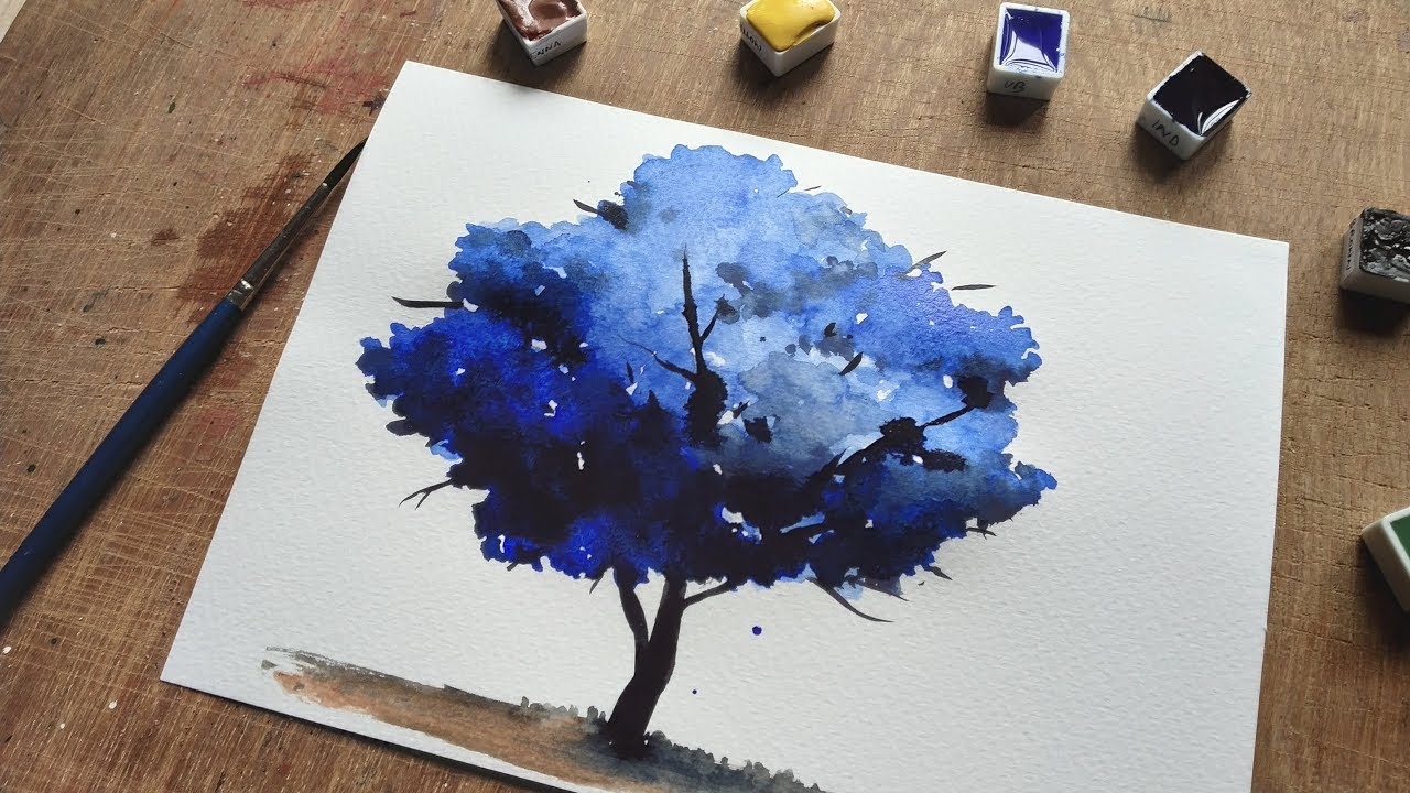 Blue Tree Painting Technique - Watercolor Painting Easy - YouTube