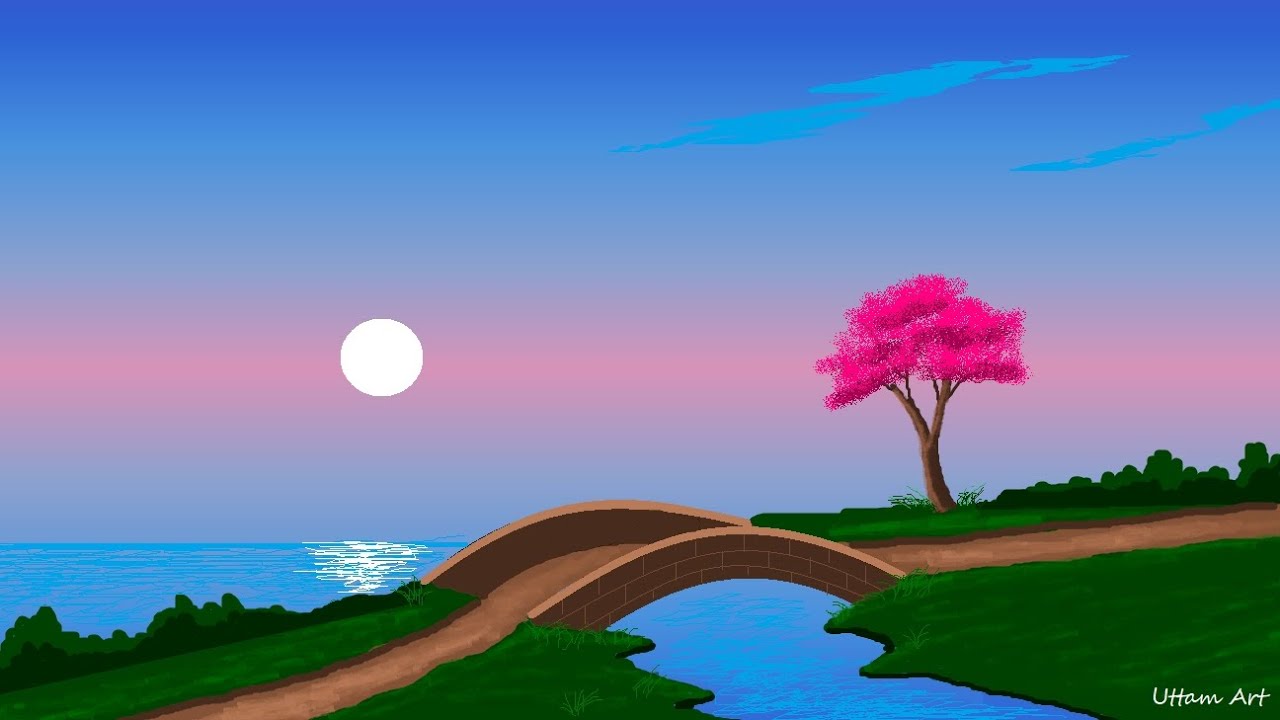 How to Draw in ms paint | The bridge scenery drawing | painting in ...