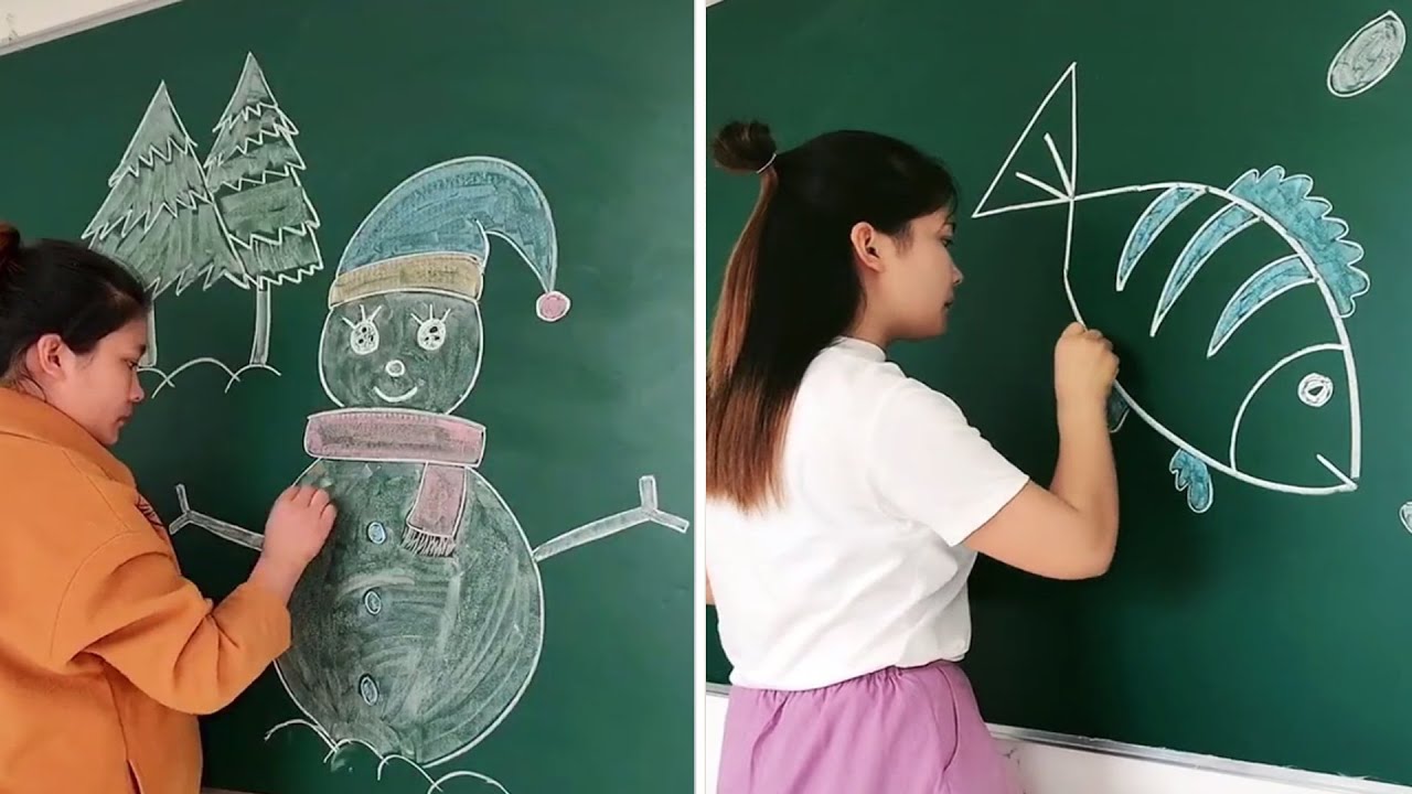 Brilliant Skills 🥰 Drawing with Chalk || Easy Drawing on School Board ...