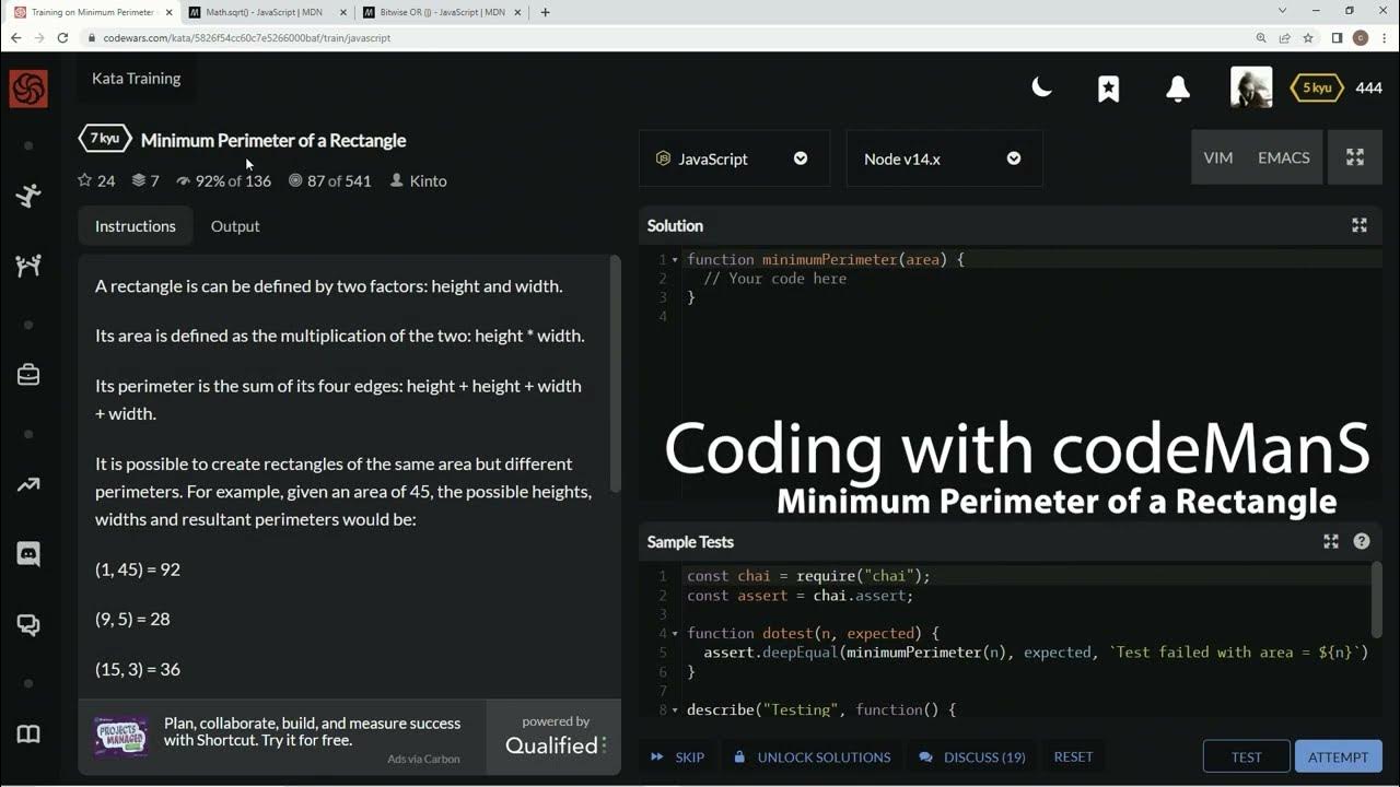 Codewars 7 Kyu Minimum Perimeter Of A Rectangle Javascript Youtube