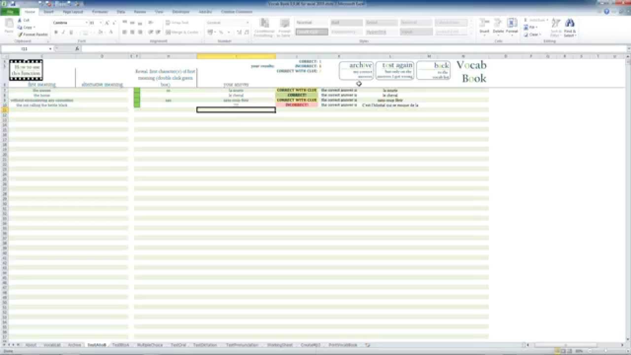 Test from English to target language - Vocab Book for Excel - YouTube