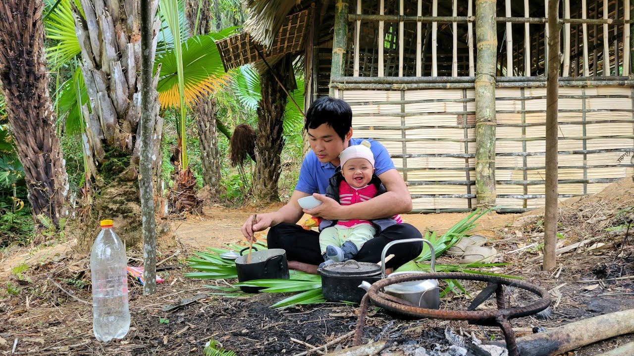 single father, completing house walls, cooking rice with firewood ...
