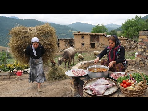 Daily village life in Iran | Cooking lamb legs with vegetables 
