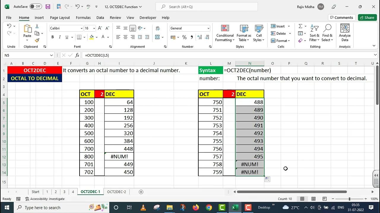 Octal to Decimal OCT2DEC Function - YouTube