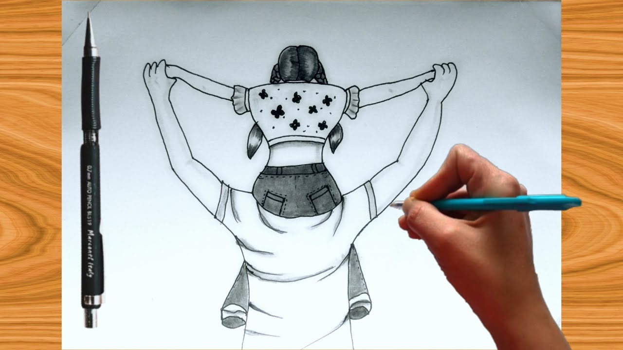 How to draw father and daughter | Fatherand daughter Drawing | Father's ...