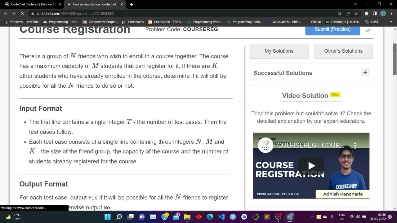 CodeChef Starters 32 Division 4 (Rated) Course Registration Problem Code: COURSEREG - YouTube