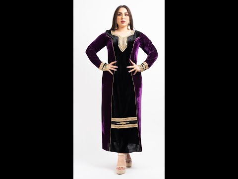 Jalabiya Winter Velvet Dress with embroidered work Long sleeve, Sweetheart-neck Arabian Dress