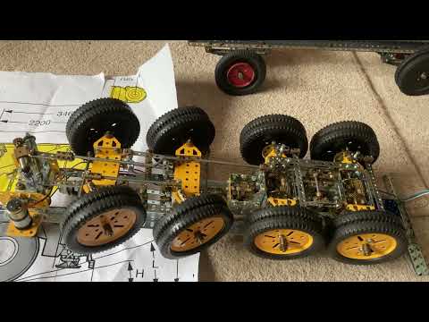 Meccano 4 axle chassis now motorised. All wheels steer with rear wheels ...