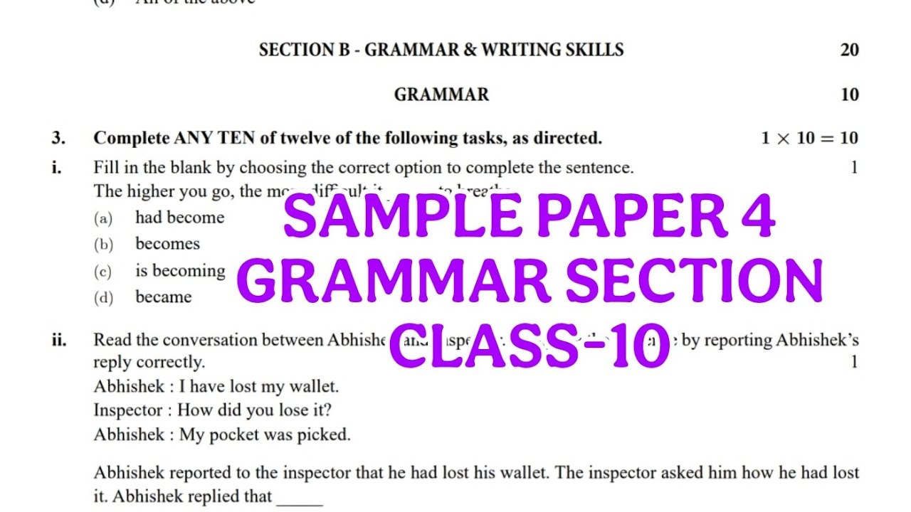 Sample Paper 4|Grammar Section|Class-10 - YouTube