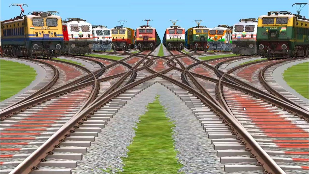 Indian local train running locomotive ground railway station track ...