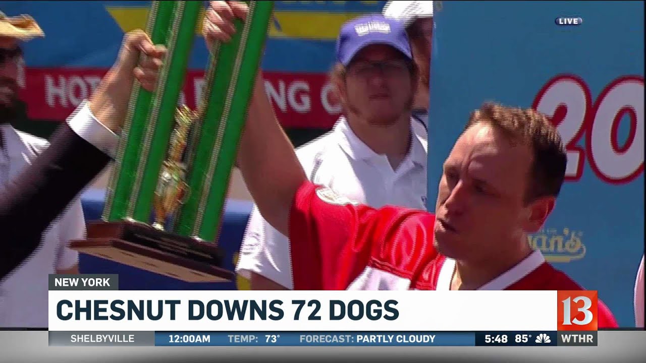 Chesnut wins hot dog eating battle - YouTube