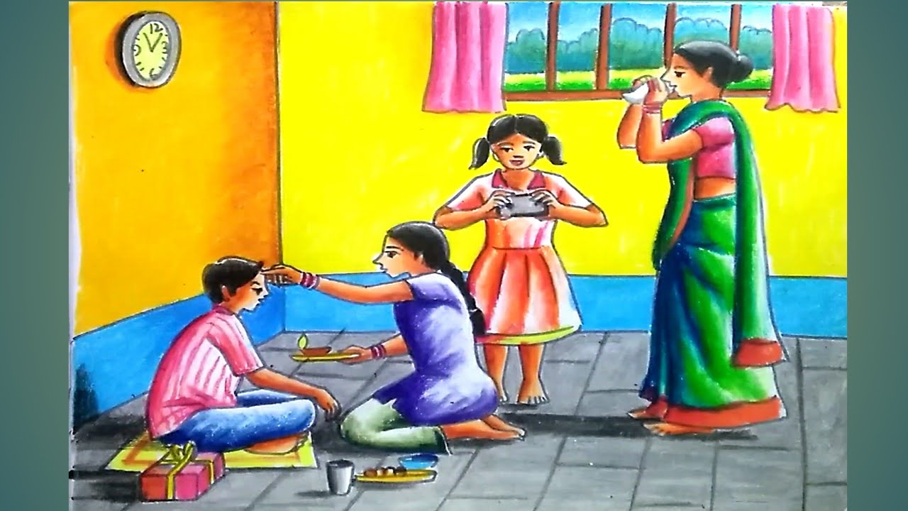 How to draw bhai dooj scenery step by step/bhai phota festival drawing ...