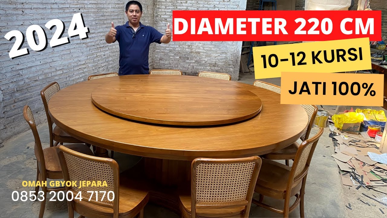 Meja Bulat Besar 220 CM Kayu Jati Top Bisa Diputar - YouTube