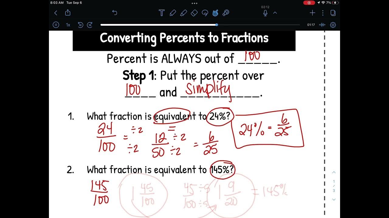 Converting Percent to Fractions - YouTube