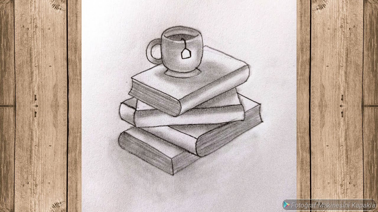 Karakalem Kitap ve Çay Fincanı çizimi ️ Yeni başlayanlar için kolay ...