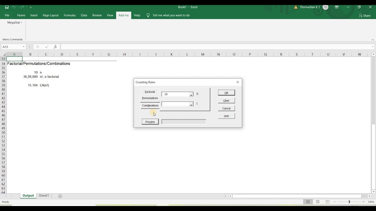 Excel and Megastat 4: Counting Rules - YouTube
