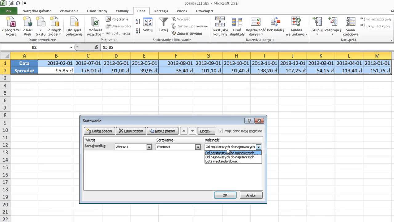 Excel - Sortowanie w poziomie - porada #111 - YouTube
