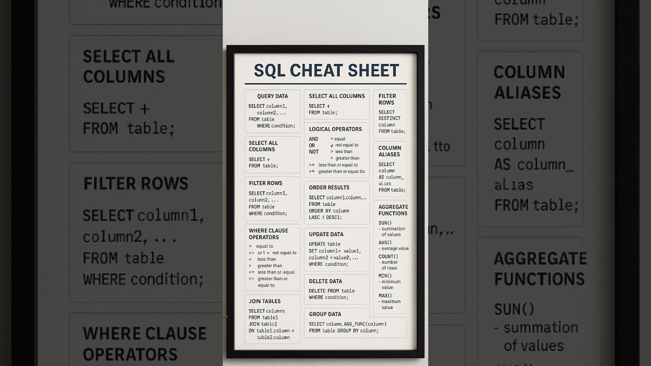 Sql cheat sheet #sql #cheatsheet #roadmap @Co-Coder - QuadExcel.com
