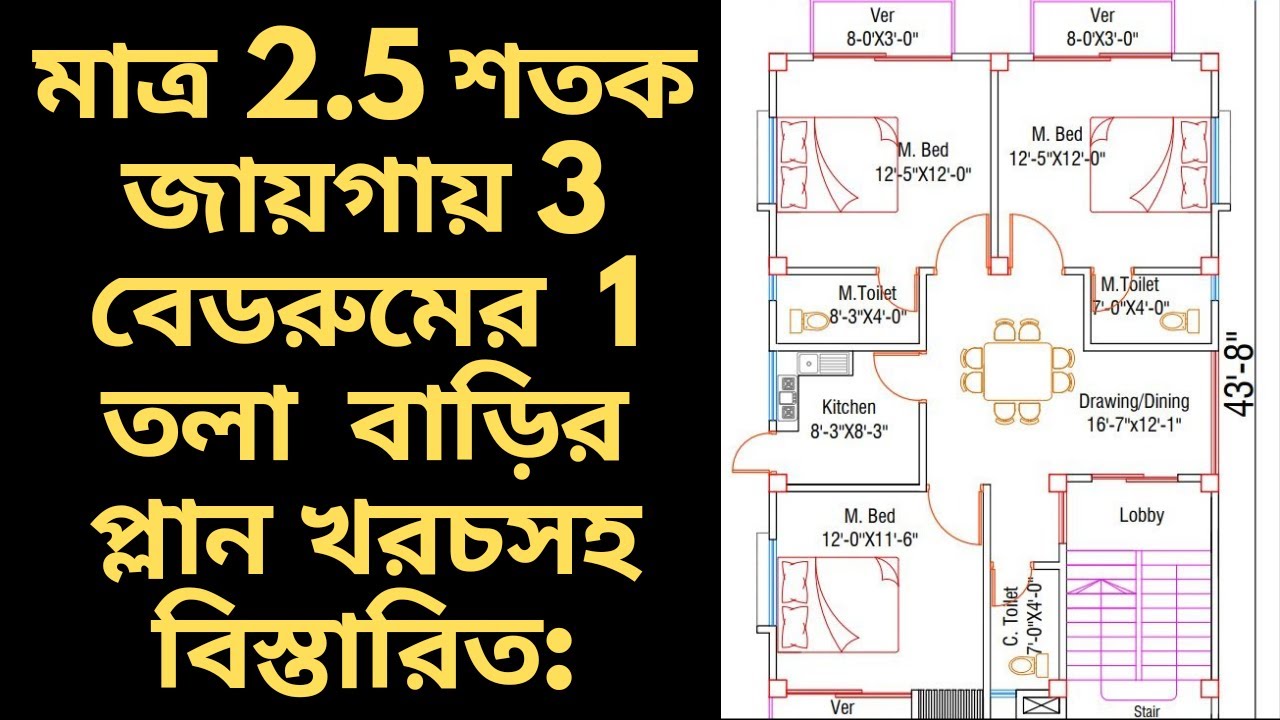 মাত্র ২.৫ শতক জায়গার মধ্যে ৩ বেডরুমের ১ তলা বাড়ির প্লান খরচসহ ...